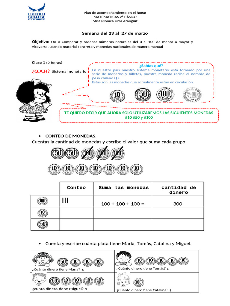 Plan de Matemáticas 2° Básico: Números y Dinero | PDF | Dinero | Monedas