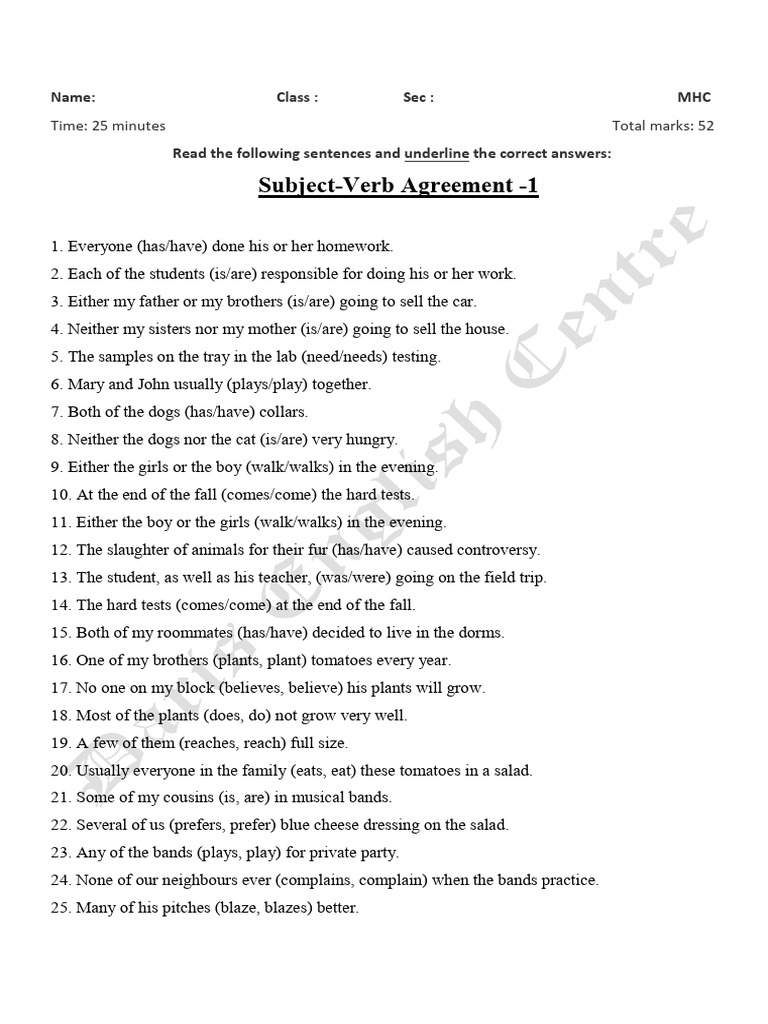 Sub Verb Agree 1-52 Exercise | PDF