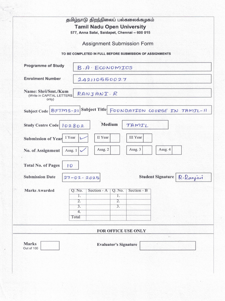 Foundation Course in Tamil-II (Assignment-1) | PDF