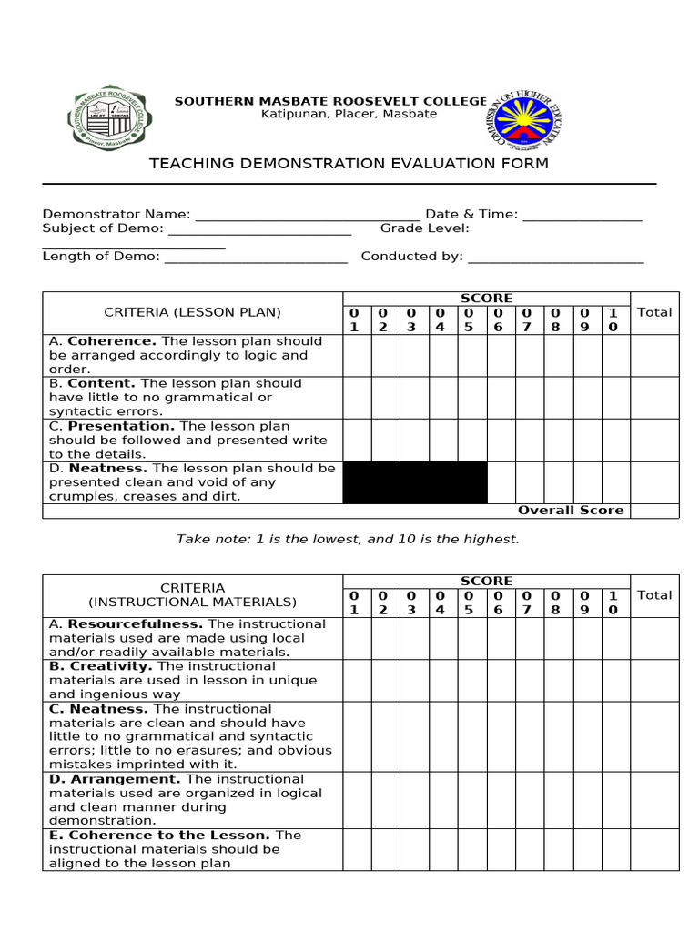 Teaching Demonstration Evaluation Form | PDF | Teachers | Behavior ...
