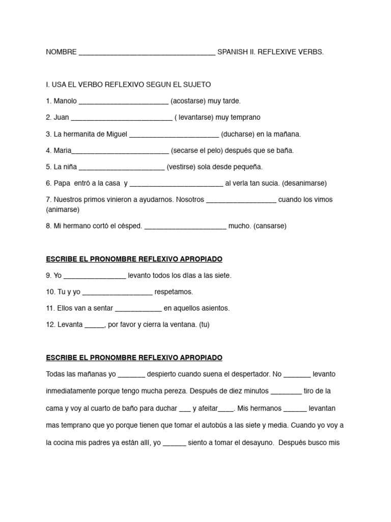 Verbo reflexivos spanish II Unidad 2 etapa 1 Classwork | PDF
