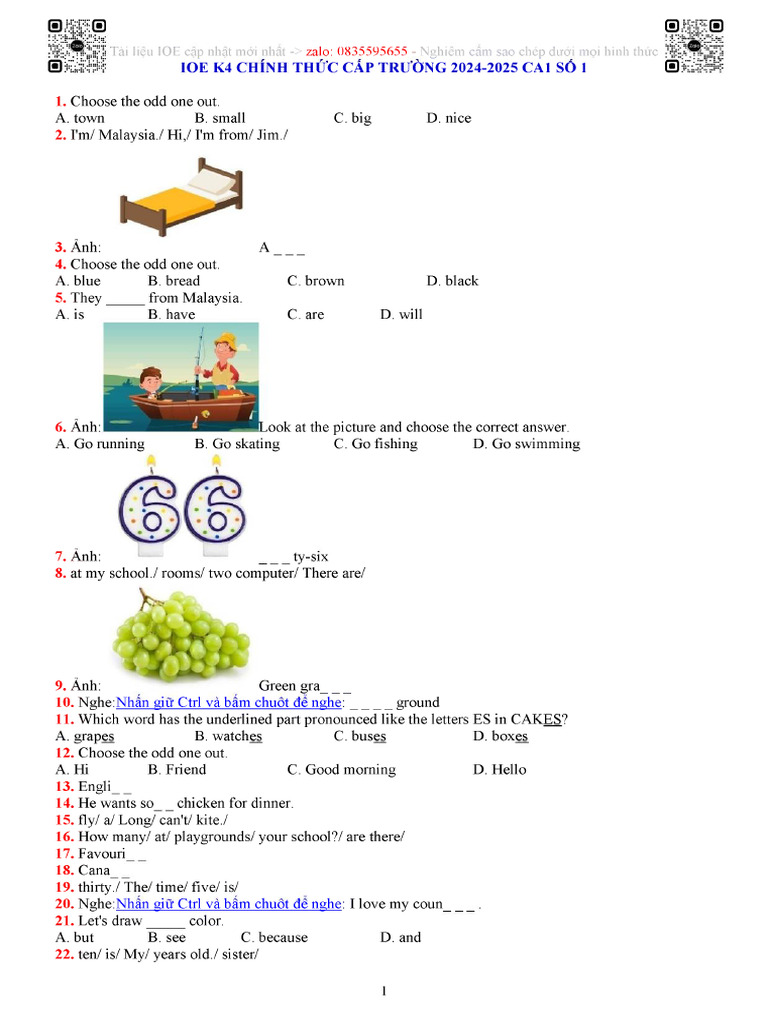 Ioe k4 Chinh Thuc Cap Truong 2024-2025 Ca1 | PDF