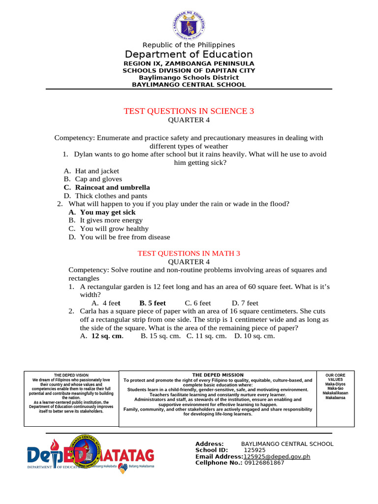 Baylimango - G3-Test Questions. Science & Math | PDF | Cognition | Learning