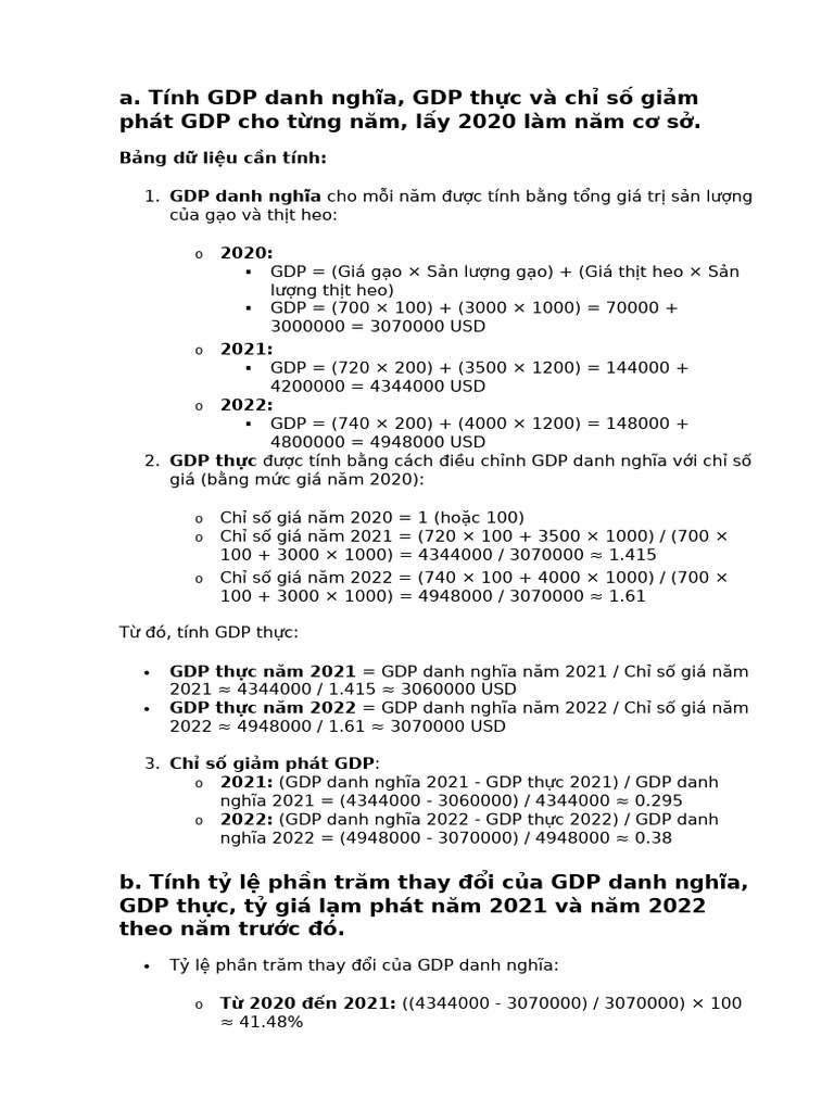 a. Tính GDP danh nghĩa, GDP thực và chỉ số giảm phát GDP cho từng năm, lấy 2020 làm năm cơ sở | PDF