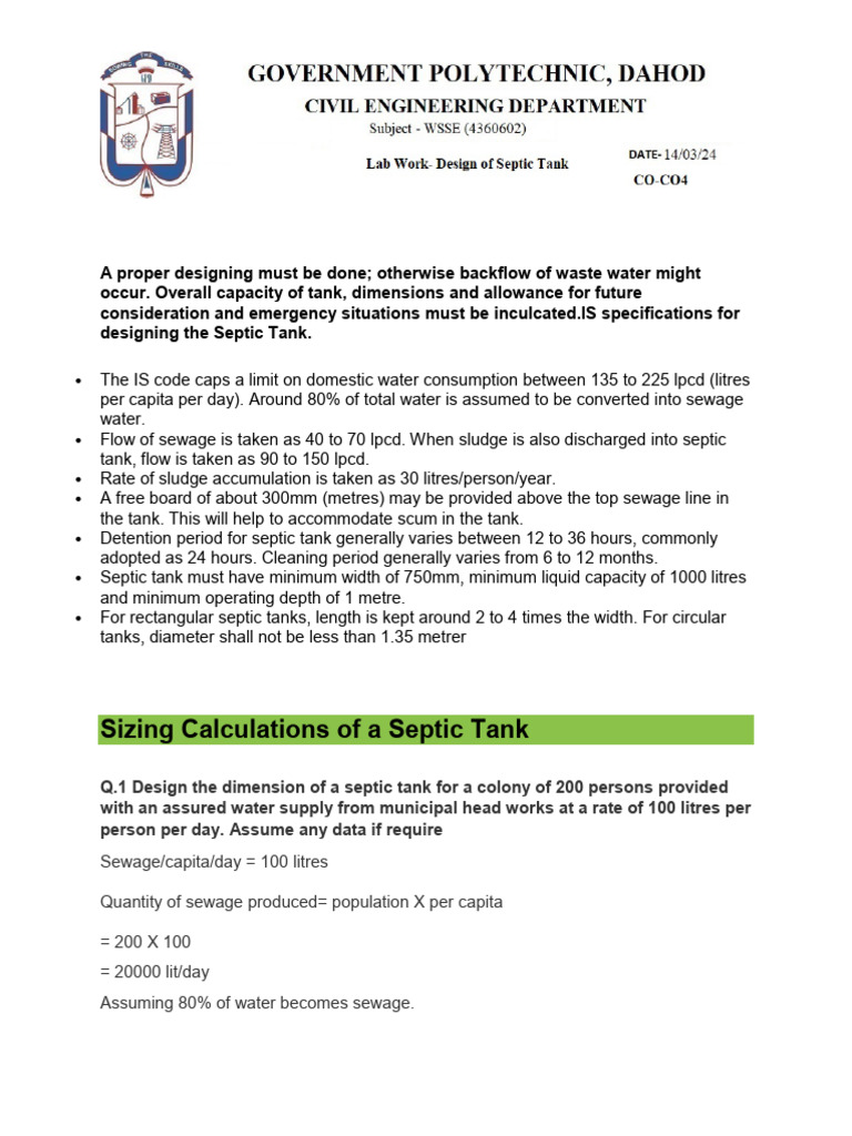 Sewer Tank Design Assignment | PDF | Sewage | Septic Tank