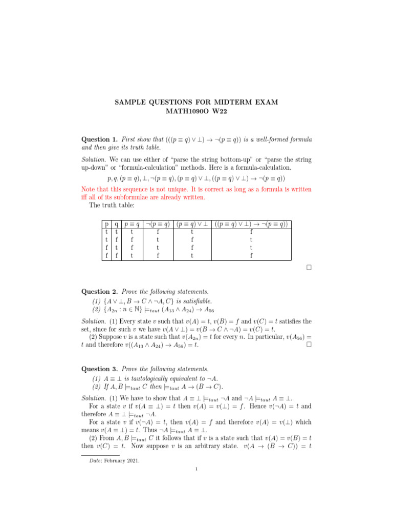 Sample Questions Midterm Math1019O W22 | PDF | Metalogic | Formalism (Deductive)