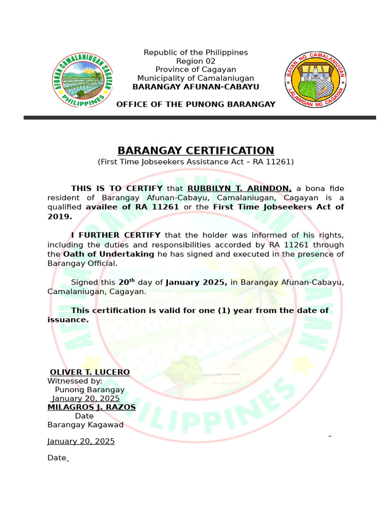 Cert. 1st Time Jobseeker | PDF