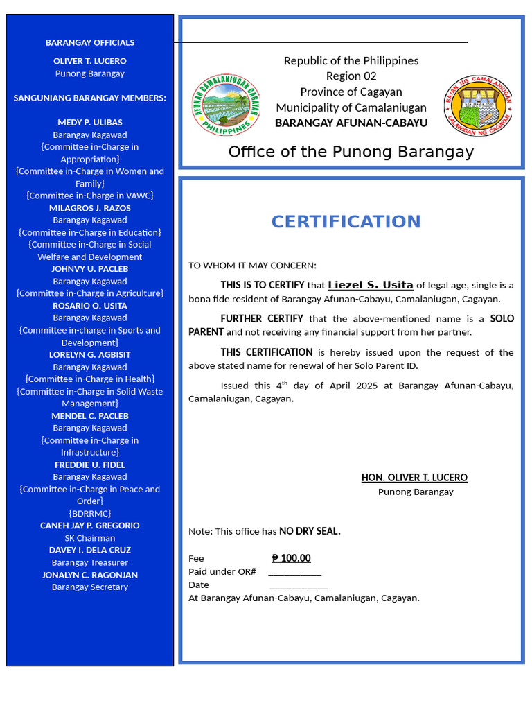 Certification of Solo Parent | PDF