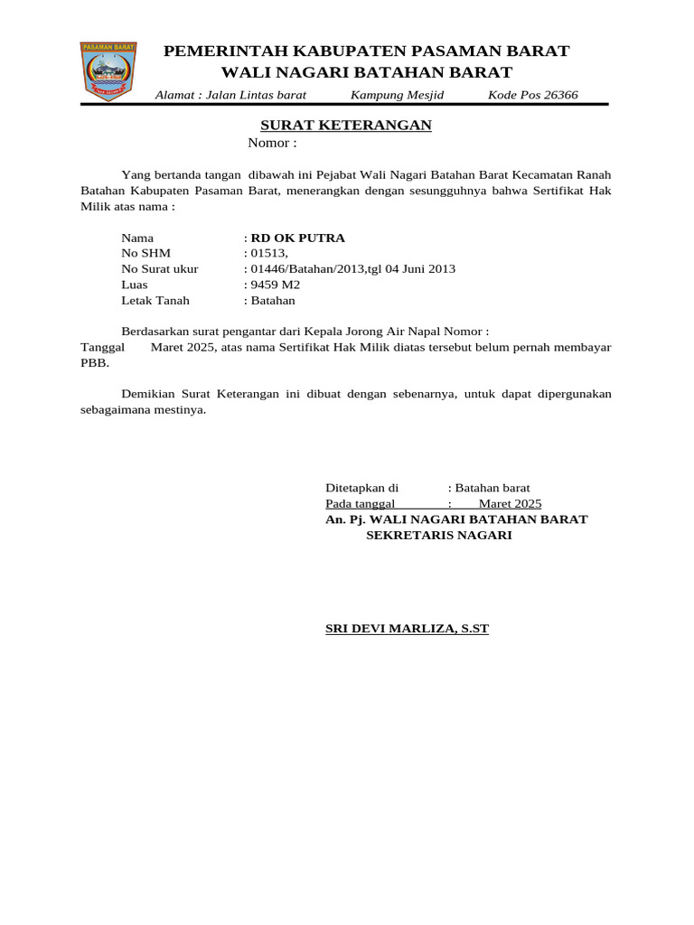 SURAT KETERANGAN Wali Nagari | PDF