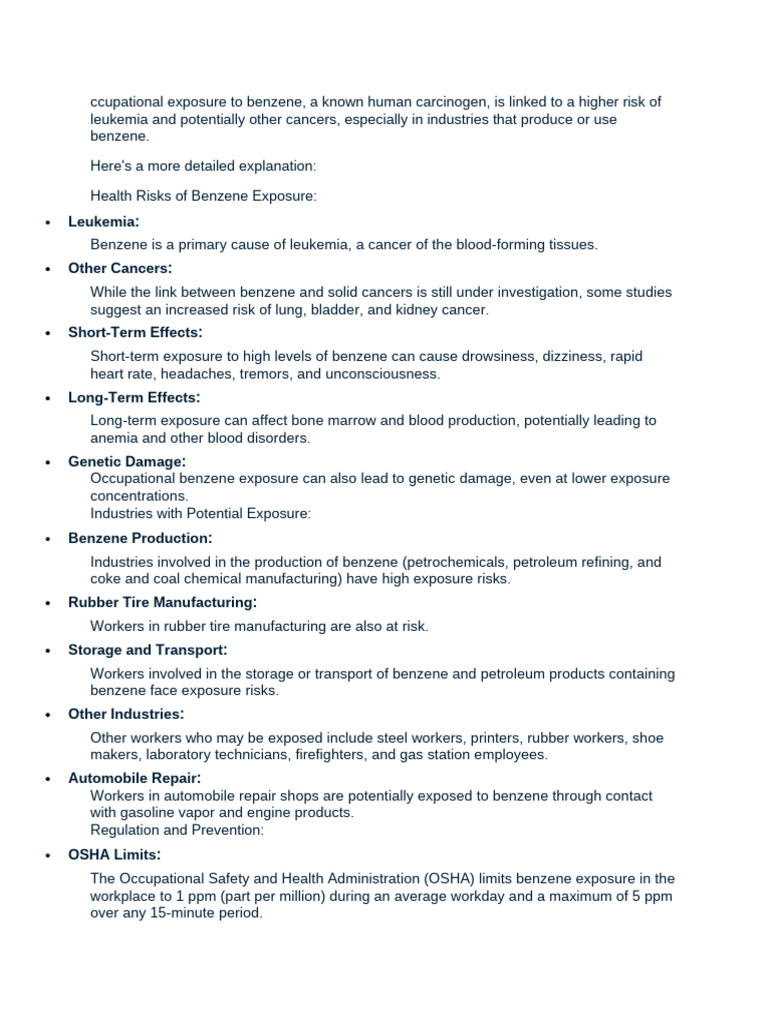 Ccupational Exposure To Benzene | PDF | Benzene | Occupational Safety ...