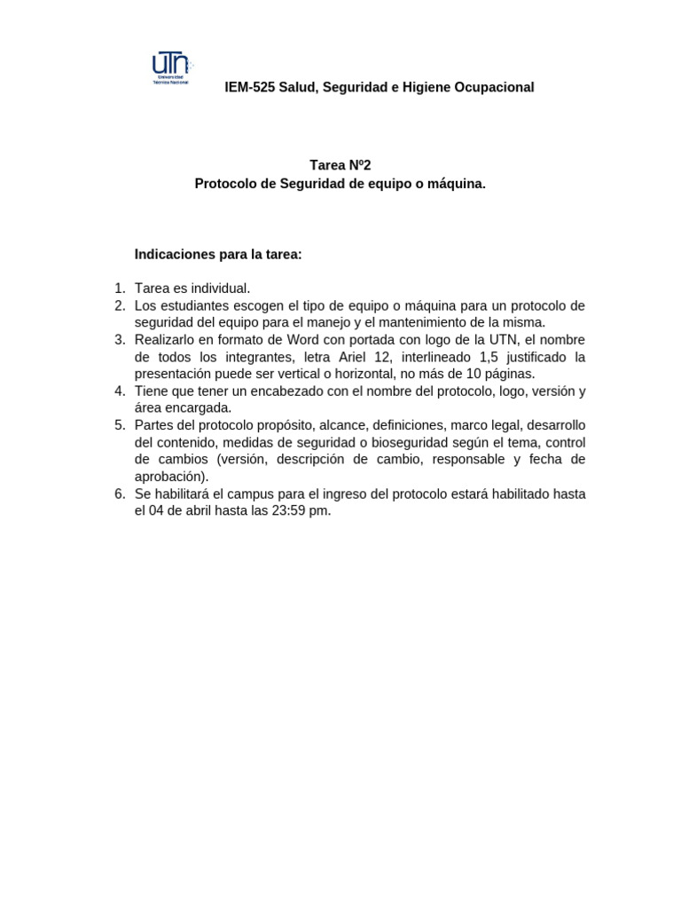 Tarea #2 Protocolo Seguridad para Equipo o Máquina | PDF