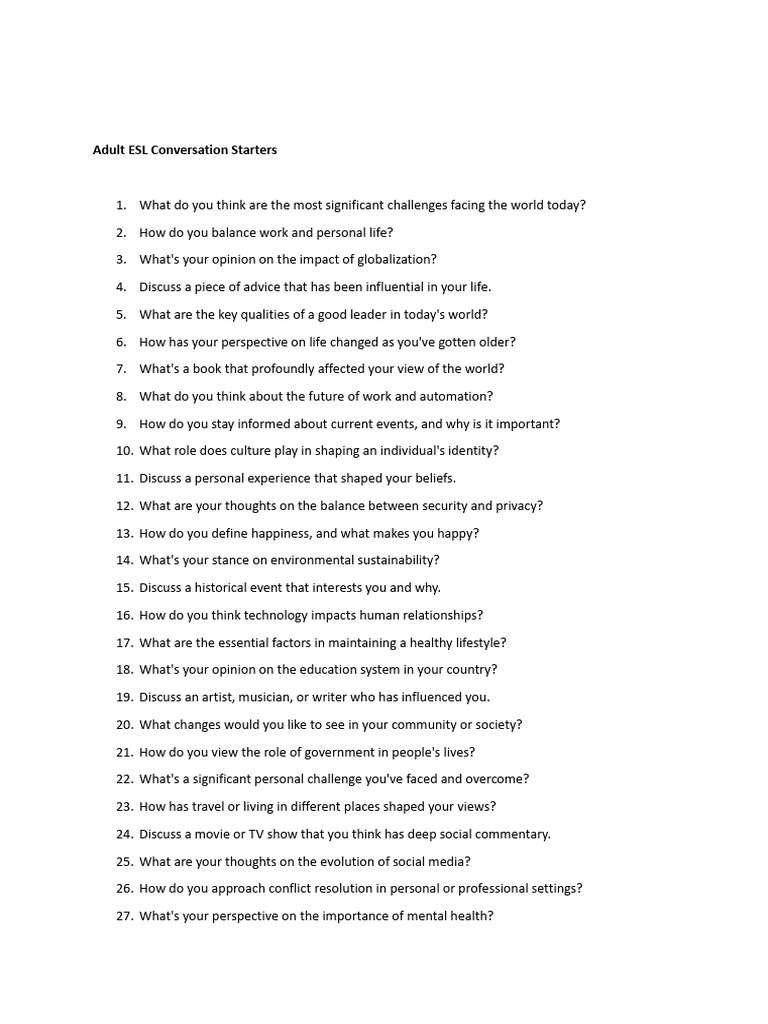 Adult ESL Conversation Topics - 100+ | PDF | Society | Happiness