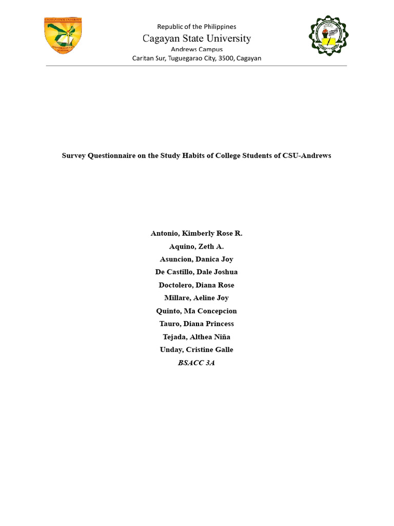 Survey Questionnaire On The Study Habits of College Students 5 | PDF ...