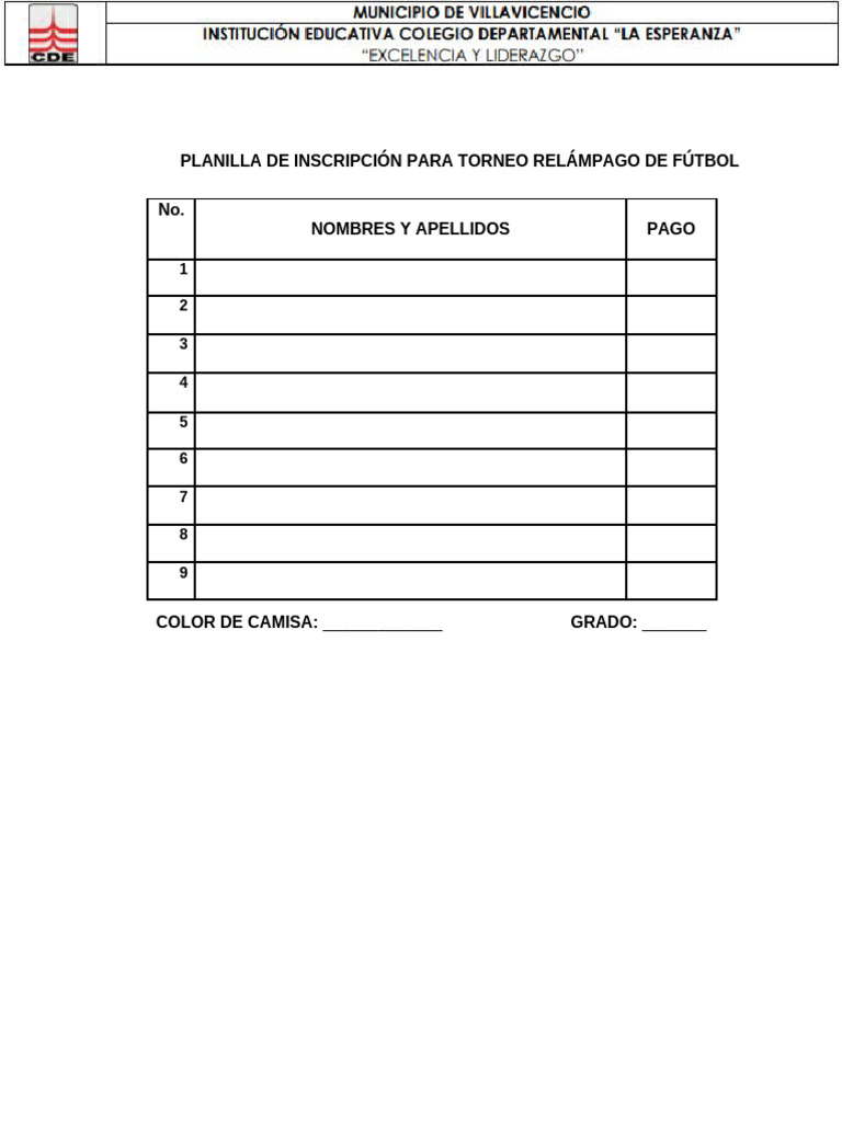 Planilla de Inscripcion para Torneo Relampago de Futbol | PDF