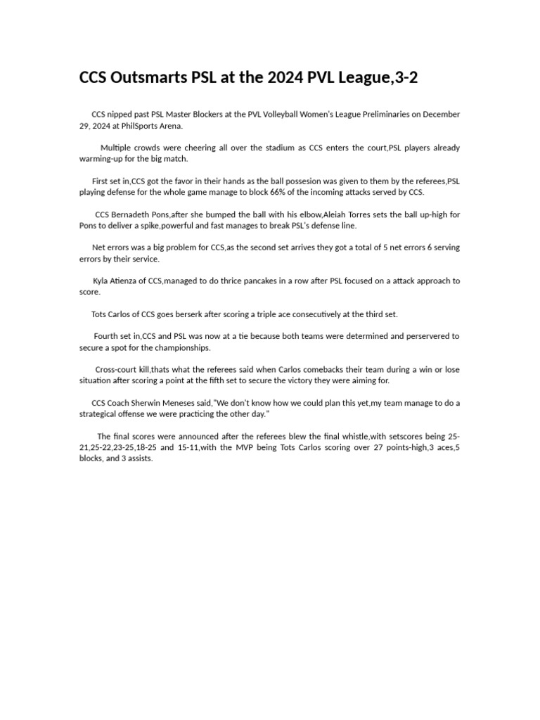 CCS Vs PSL Women's League | PDF