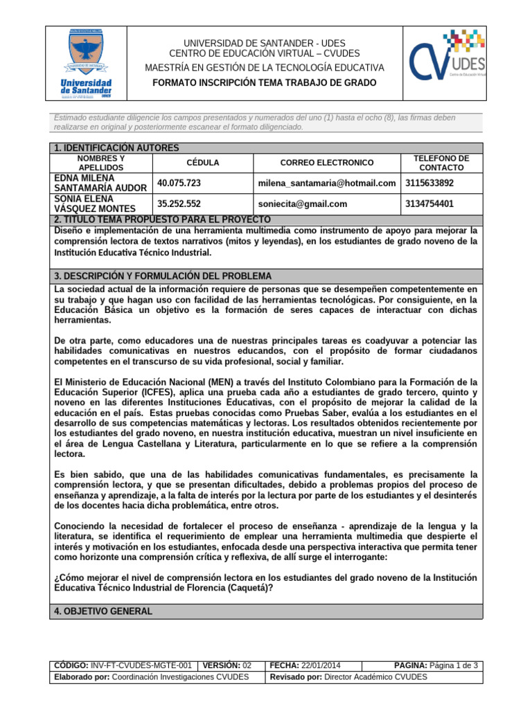 Sonia Edna Vásquez Santamaria InscripcionTema v1 | PDF | Tecnologia ...