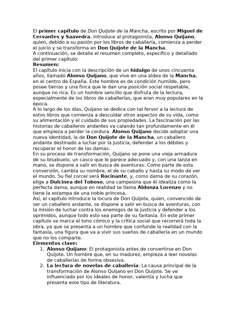 Primer capítulo de Don Quijote: Resumen | PDF | Don Quijote