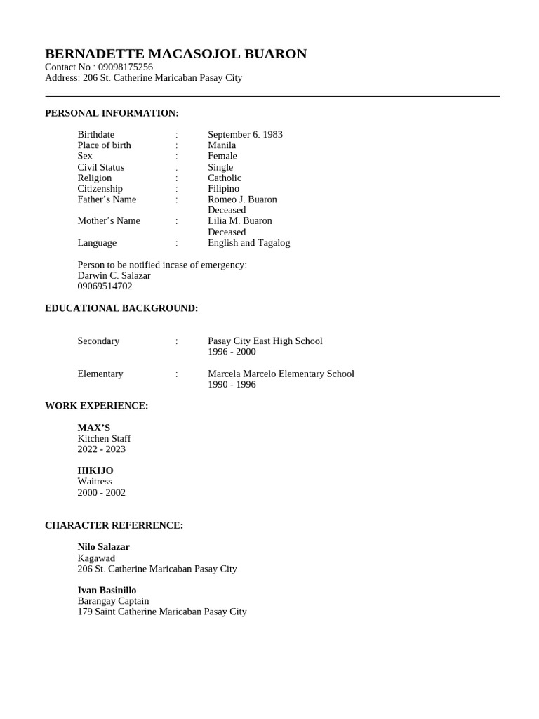 Bernadette Buaron's Resume Summary | PDF