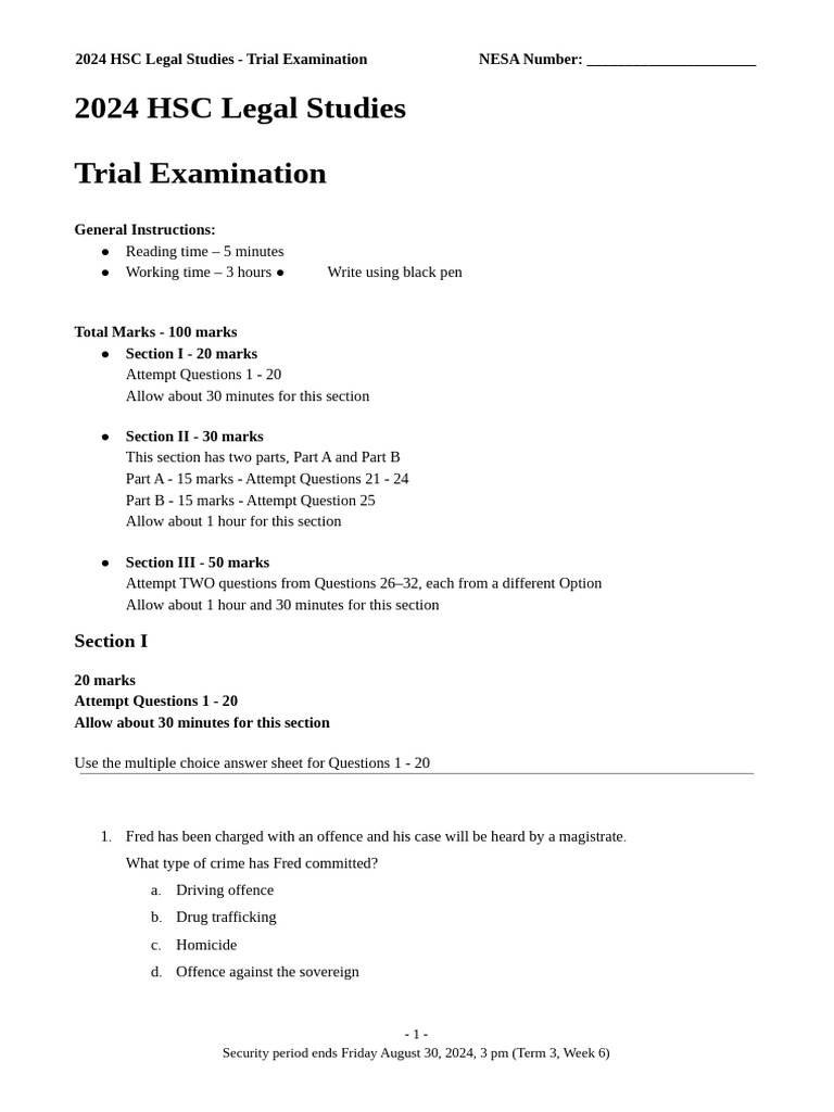 2024 HSC Legal Studies Trial HSC - Exam | PDF | Crimes | Crime & Violence