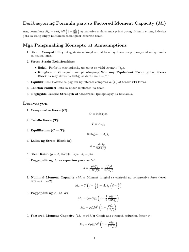 Deribasyon ng Pormula para sa Factored Moment Capacity : u M ϕρf bd | PDF