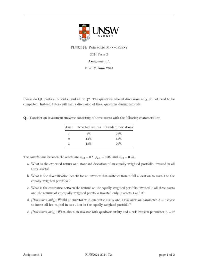 FINS2624 2024 T2.Assignment 1 | PDF | Utility | Risk Aversion