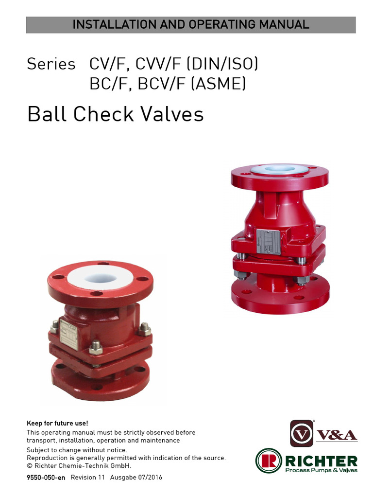 Richter CV BC Lined Ball Check Valve 9550 050 IOM 1 | PDF | Valve | Screw