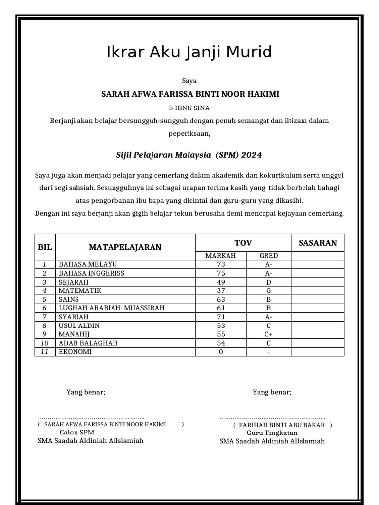 Borang Penetapan Target Ikrar Aku Janji SPM 2024 | PDF