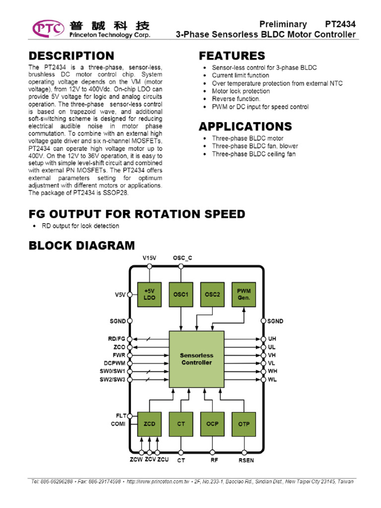 PT24343 3 Phase Sensorless BLDC Motor Controller | PDF