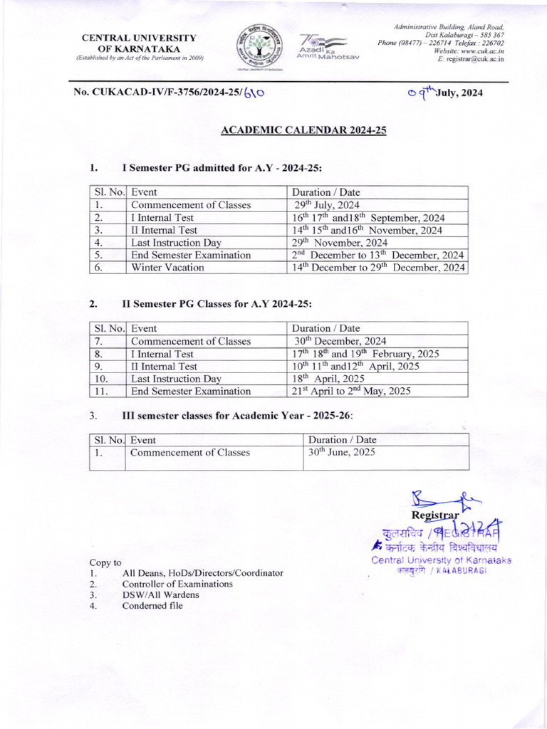Academic Calendar Ug and PG 2024-25 | PDF