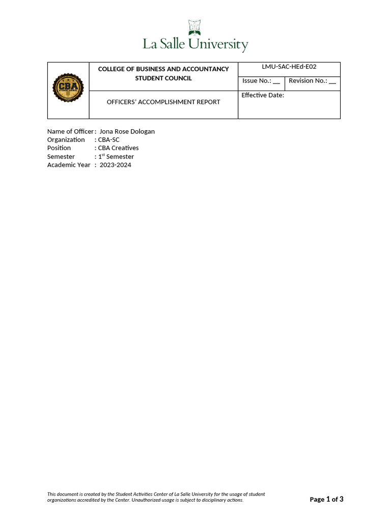 DOLOGAN - Accomplishment Report | PDF