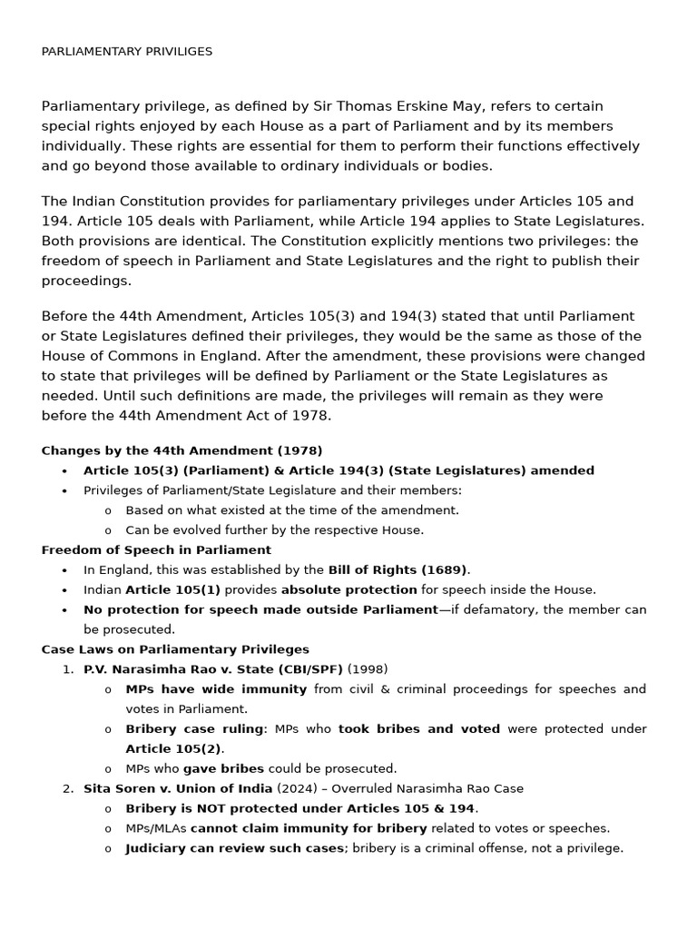Overview of Parliamentary Privileges | PDF | Parliamentary Immunity ...