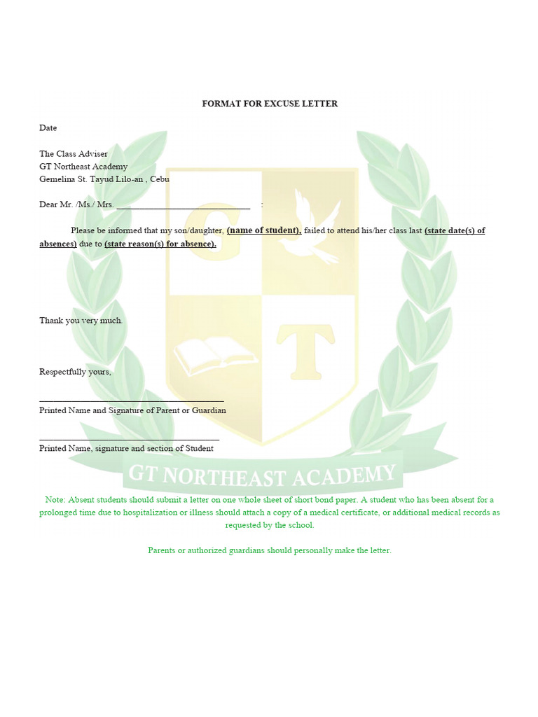 Excuse Letter Format for Students | PDF