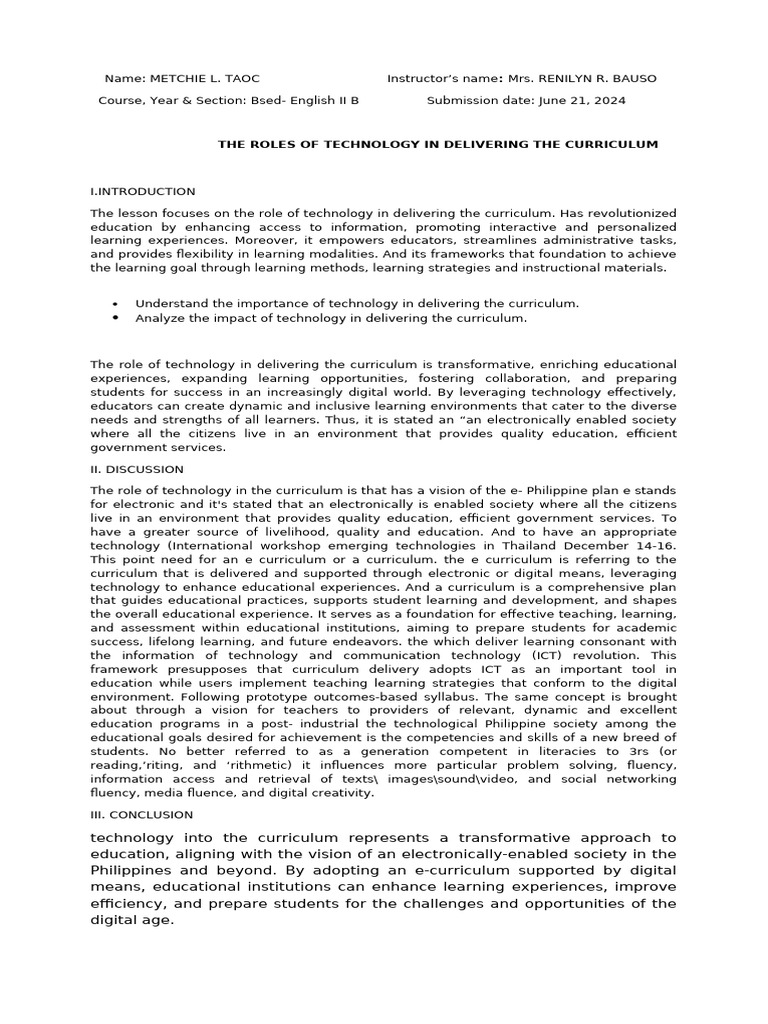 THE ROLES OF TECHNOLOGY IN CURRICULUM DELIVERY (1) | PDF | Curriculum ...
