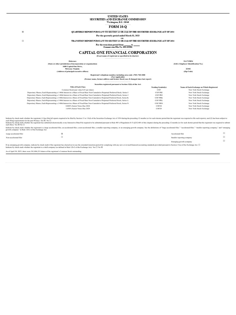 Capital One Financial Corporation: FORM 10-Q | PDF | Equity (Finance ...