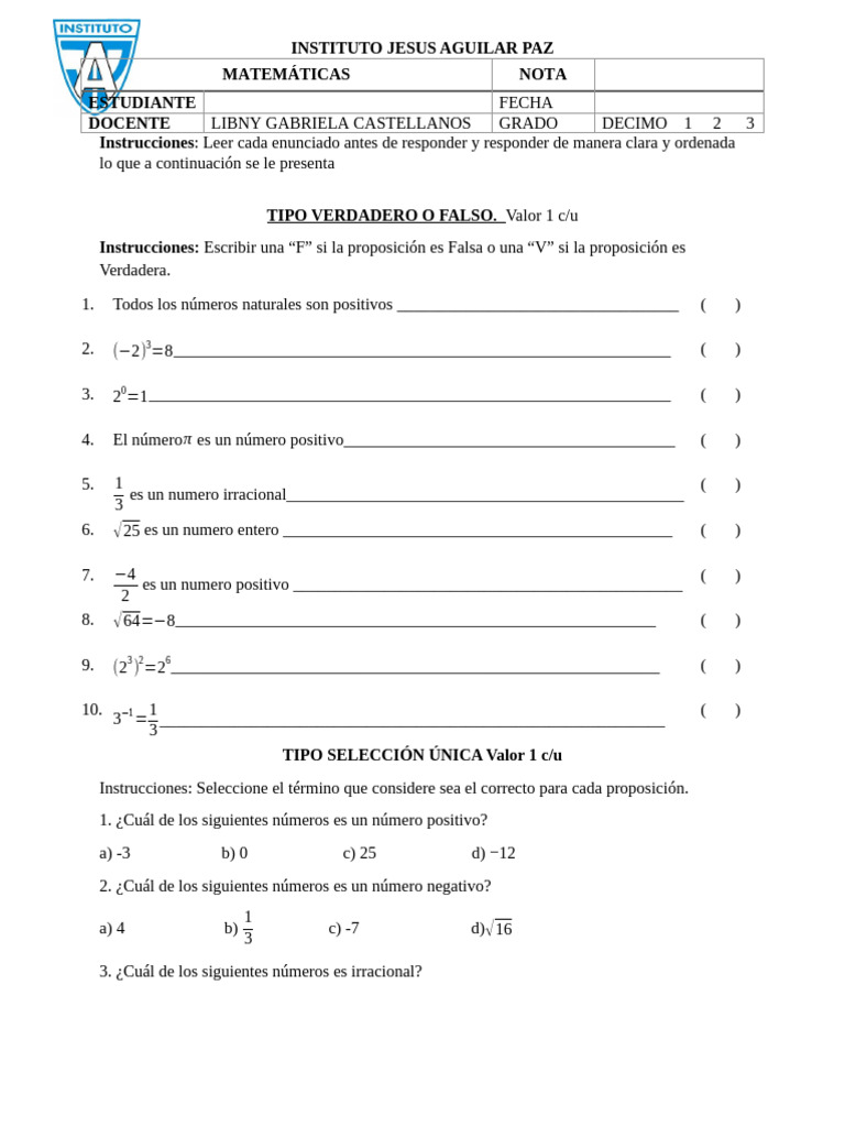 Instituto Jesus Aguilar Paz Decimo Grado | PDF | Matemáticas