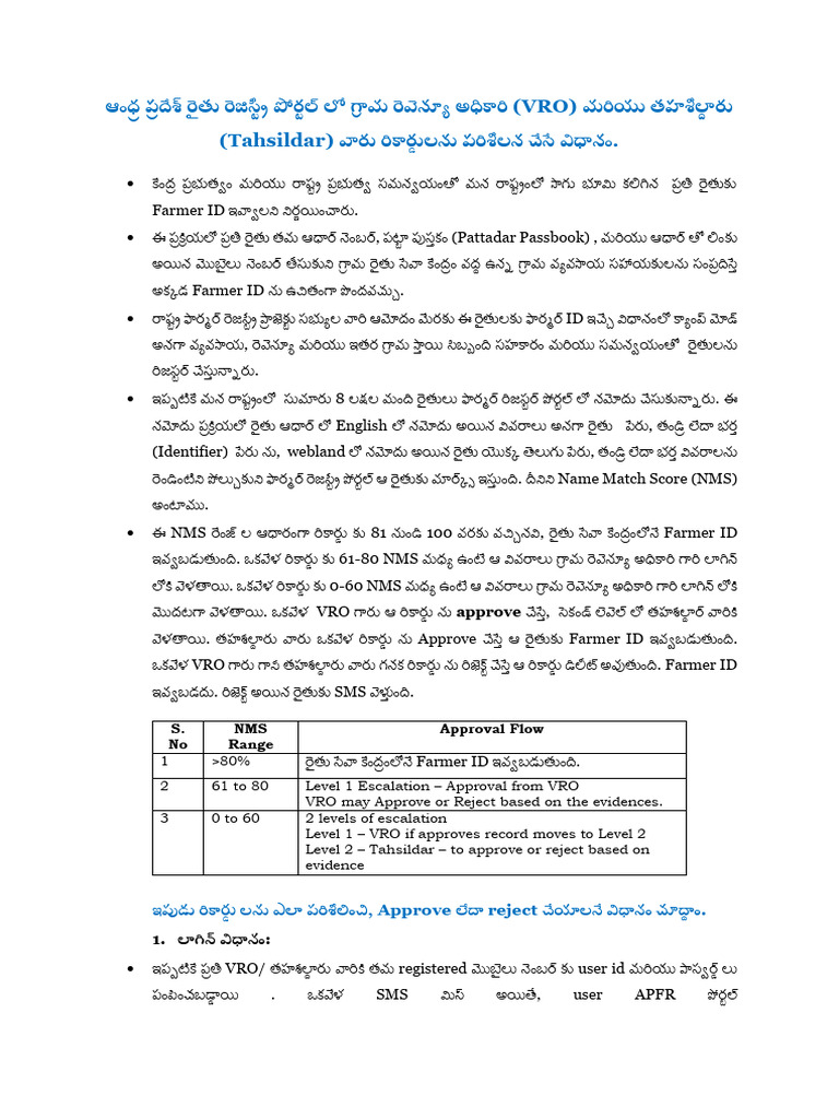 APFR - VRO-Tahsildar - Procedure For Verification - 140225 | PDF