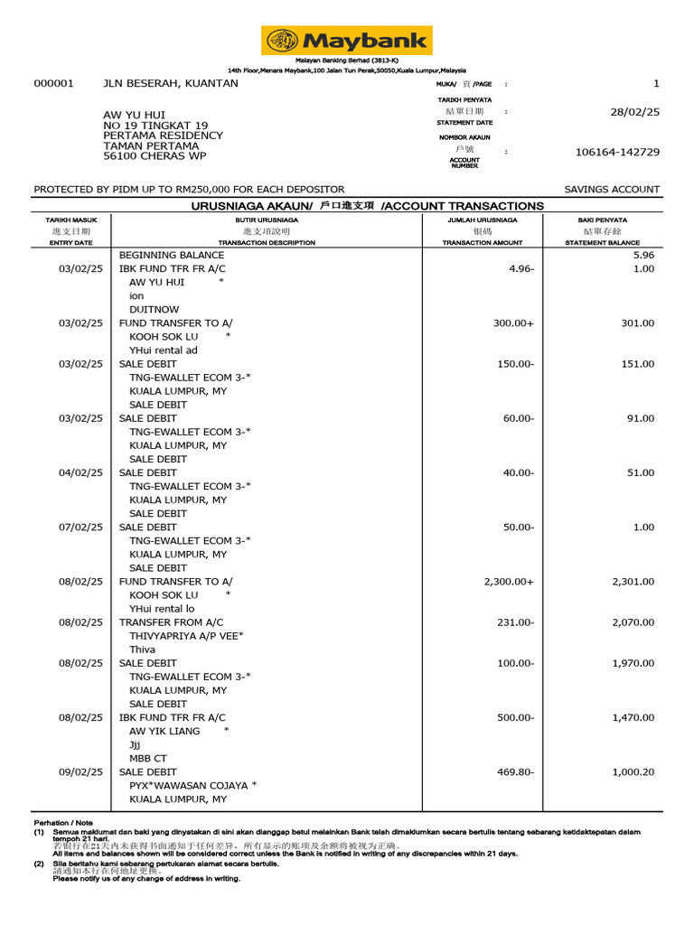 Savings Account Transaction Statement | PDF | Debit Card | Debits And ...