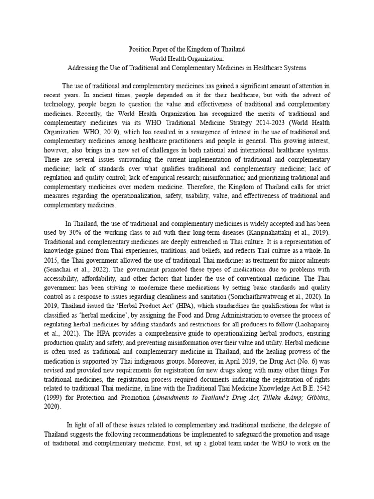 MUN Position Paper WHO Thailand | PDF | Alternative Medicine | Thailand