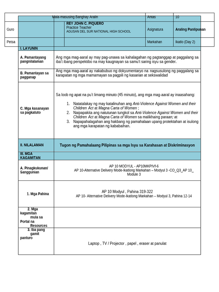 Aral Pan 10 Lesson Plan Q3 Day 2piquero | PDF
