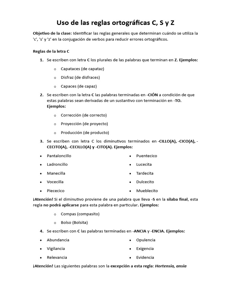 Uso de Las Reglas Ortográficas C, S y Z: Hortensia, Ansia | PDF ...