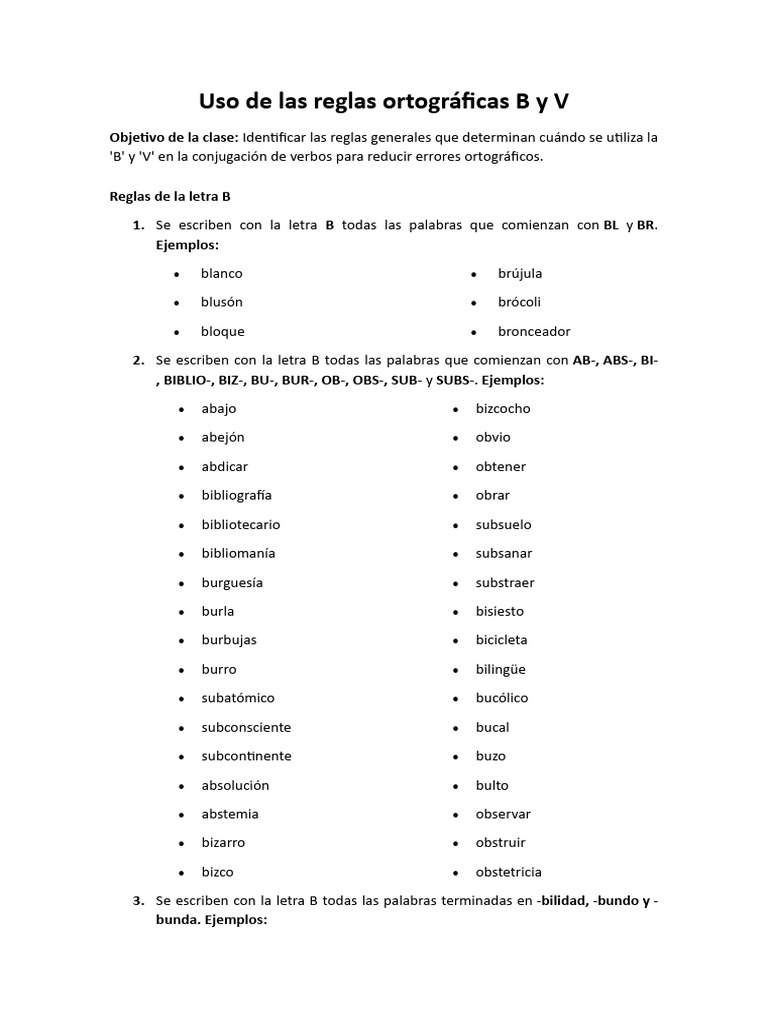 Uso de Las Reglas Ortográficas B y V: Objetivo de La Clase | PDF ...