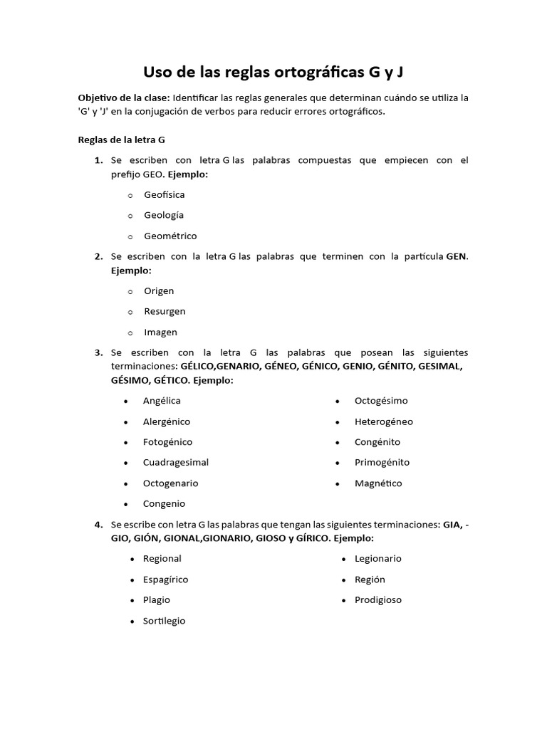 Reglas de uso de G y J en español | PDF | Mecánica del lenguaje ...