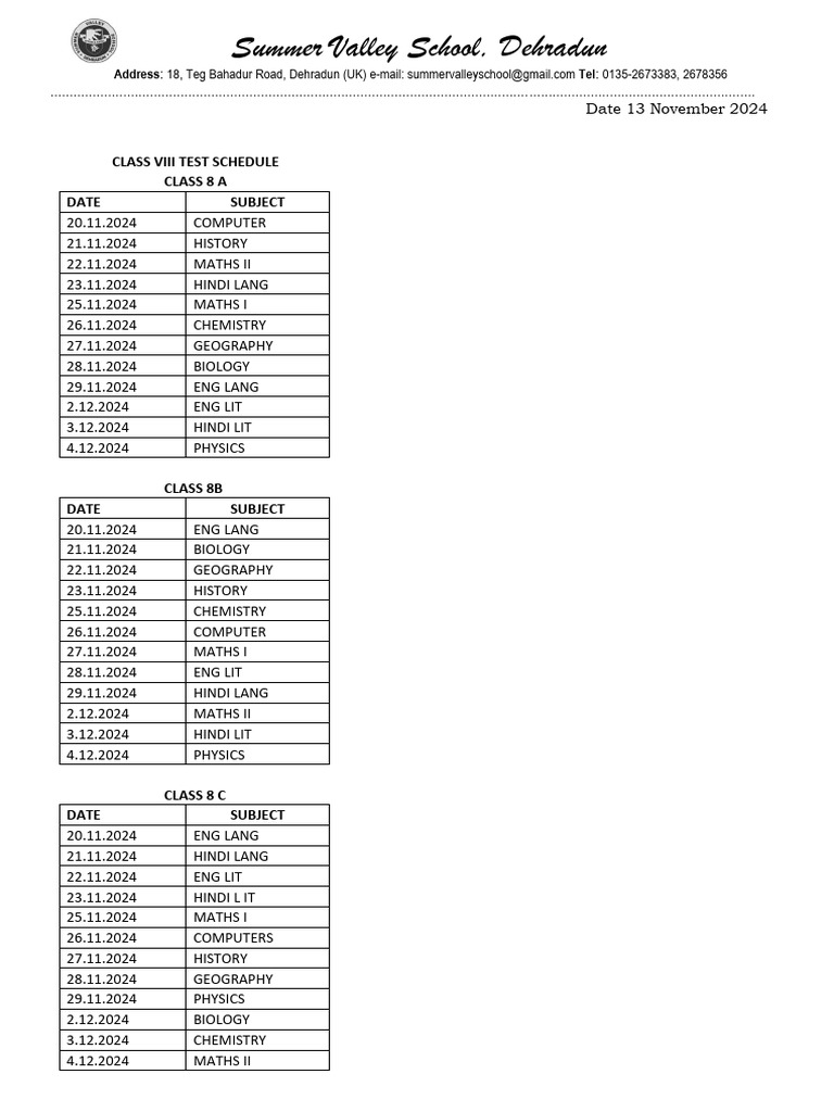 Cls Viii Test Schedule Nov- Dec | PDF | Natural Sciences | Science