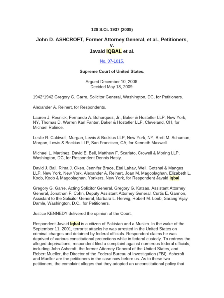 Ashcroft vs. Iqbal Et Al.129 S. Ct. 1937 (2009) | PDF | Qualified ...