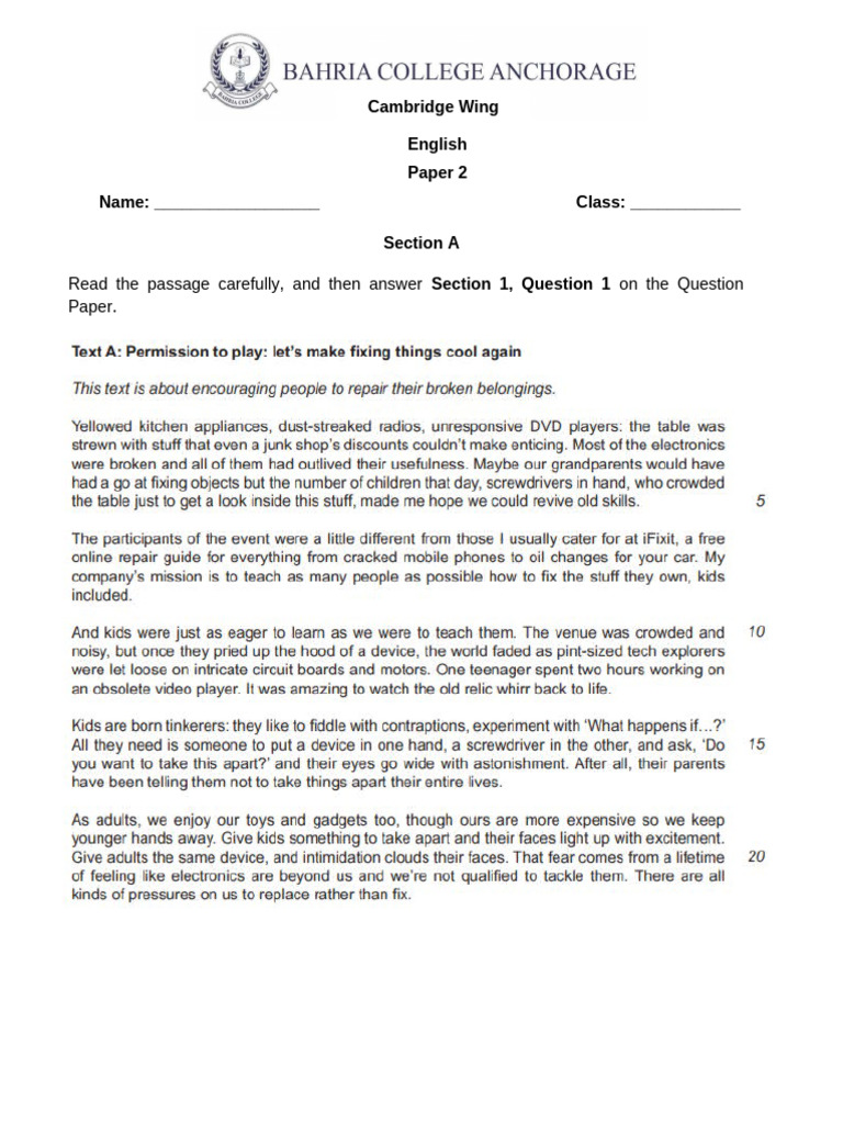 English Paper 2 Name: - Class: - Section A Section 1, Question 1 ...