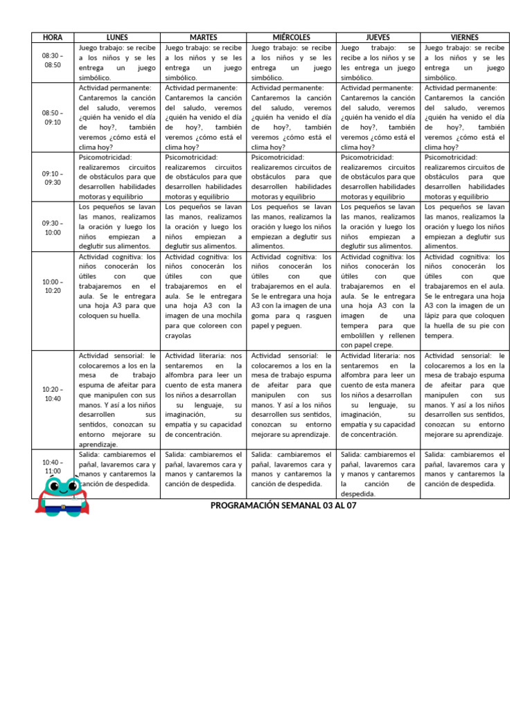 Programación Semanal de Actividades Infantiles | PDF
