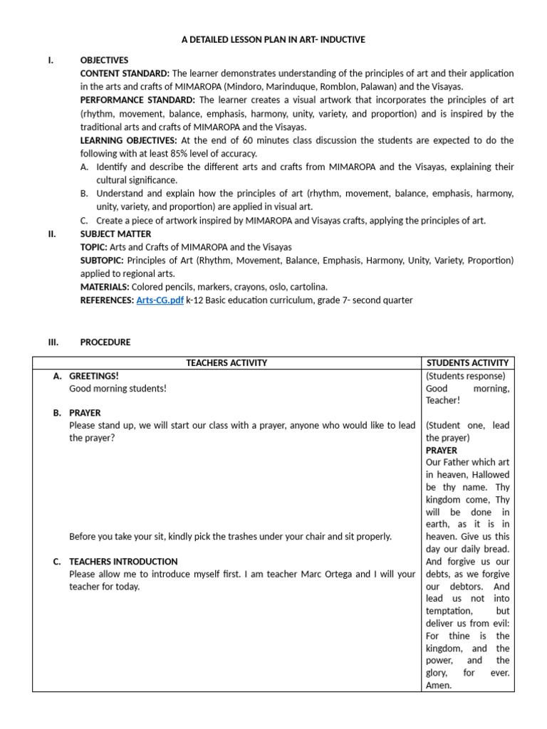 Art Lesson Plan: MIMAROPA & Visayas | PDF | Creativity