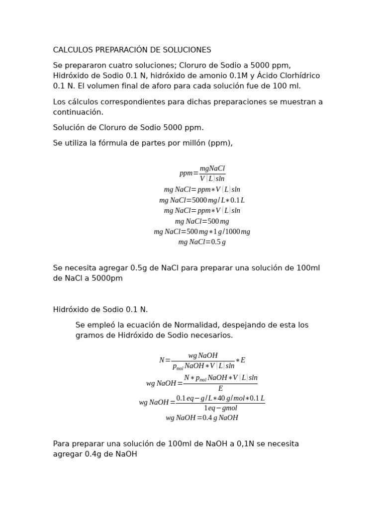 Calculos Preparación de Soluciones | PDF | Ácido clorhídrico | Concentración