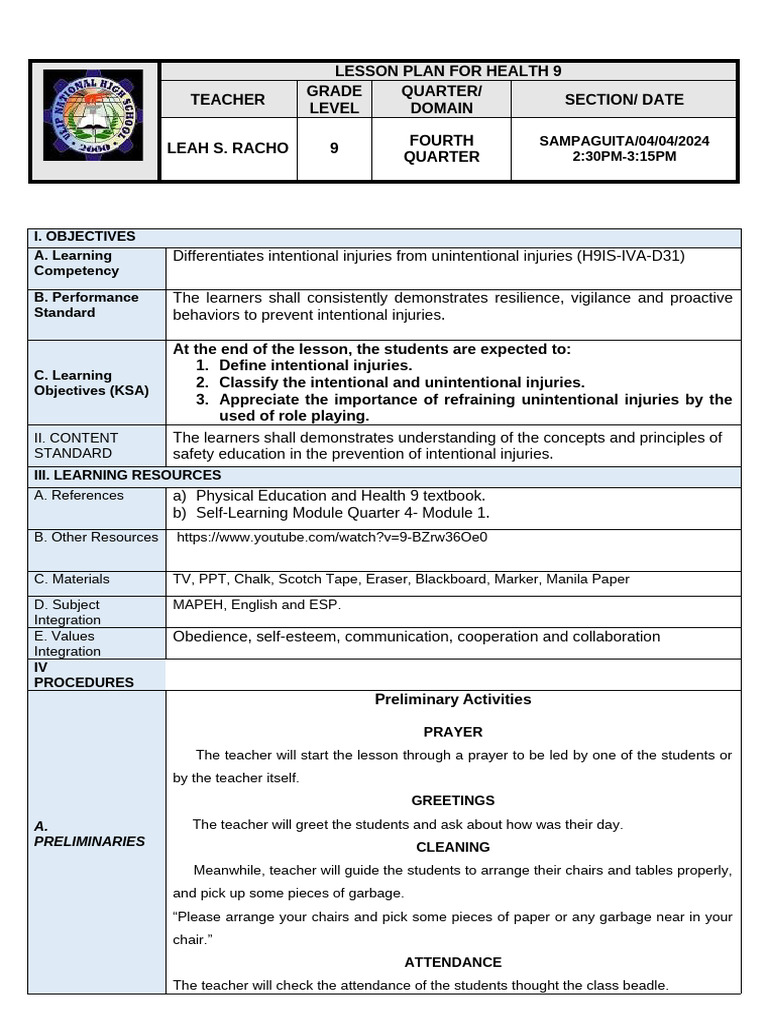 Lesson Plan-Intention Injuries | PDF | Learning | Teachers