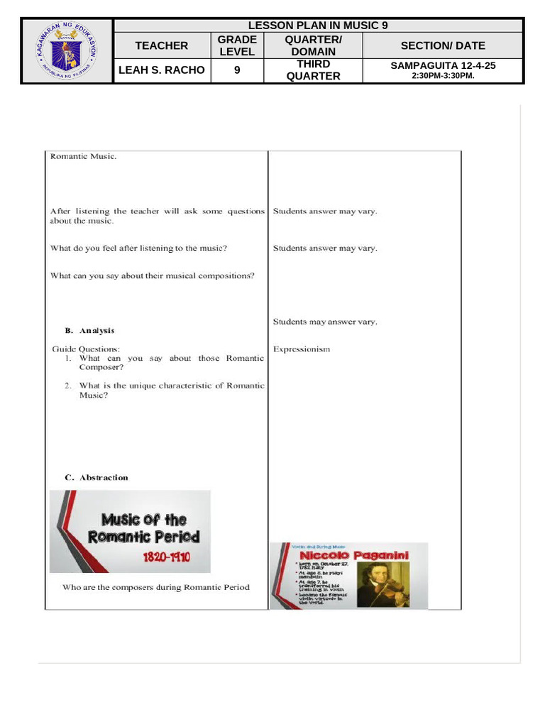 LESSON PLAN IN MUSIC 9 | PDF | Composers | Learning